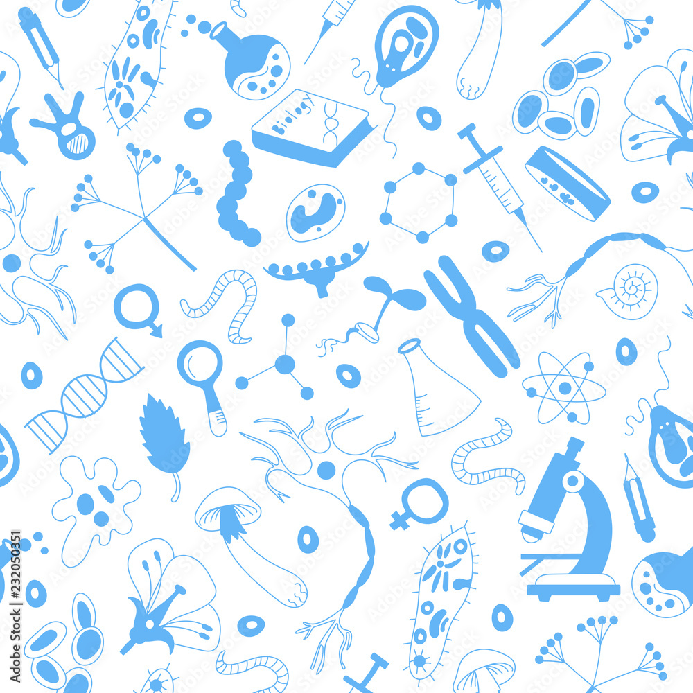 Seamless background with hand drawn icons on the theme of biology,blue ...