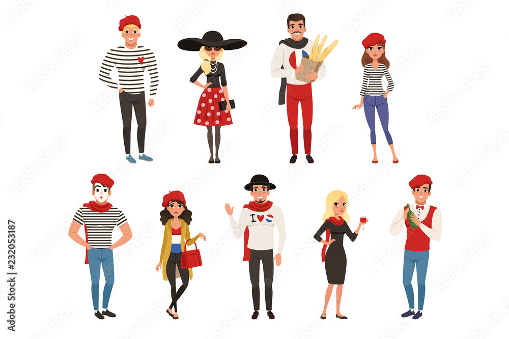 French male and female characters, people dressed in traditional ...