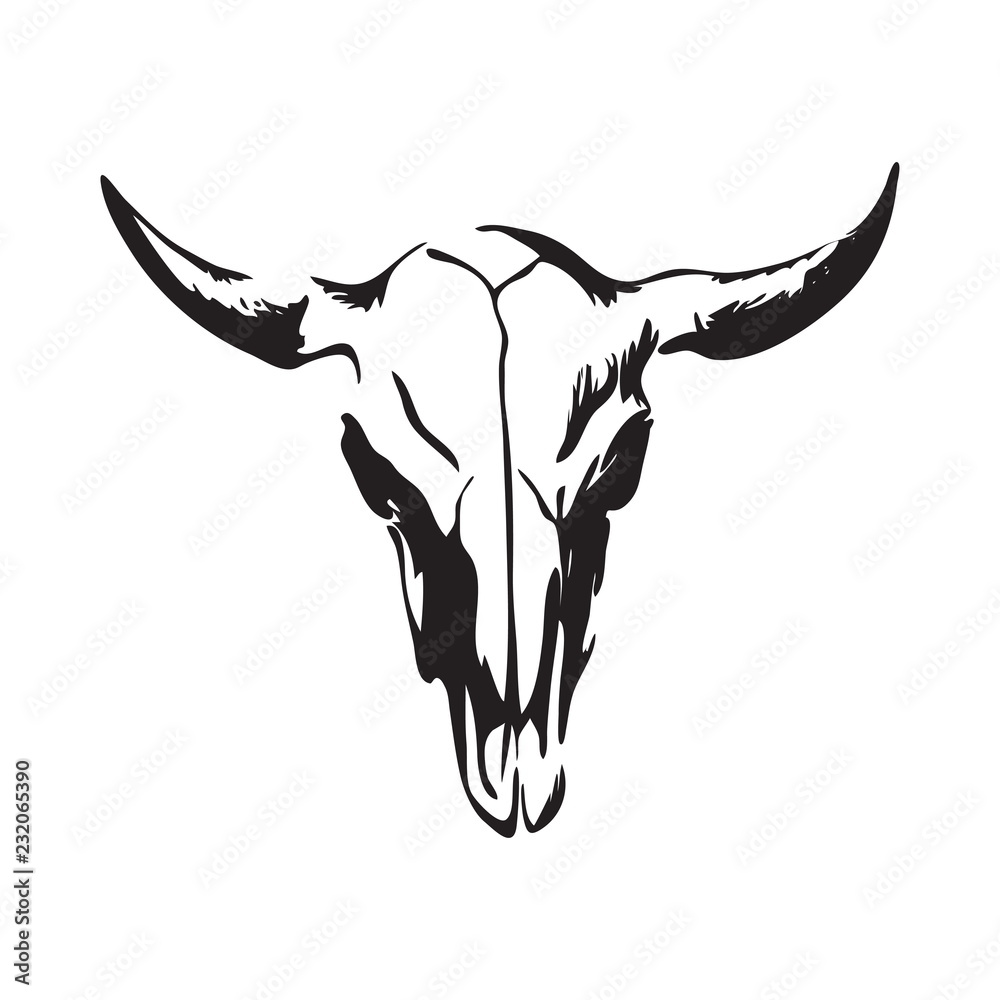 Hand drawn bison skull. Buffalo cranium vector illustration. Black ...