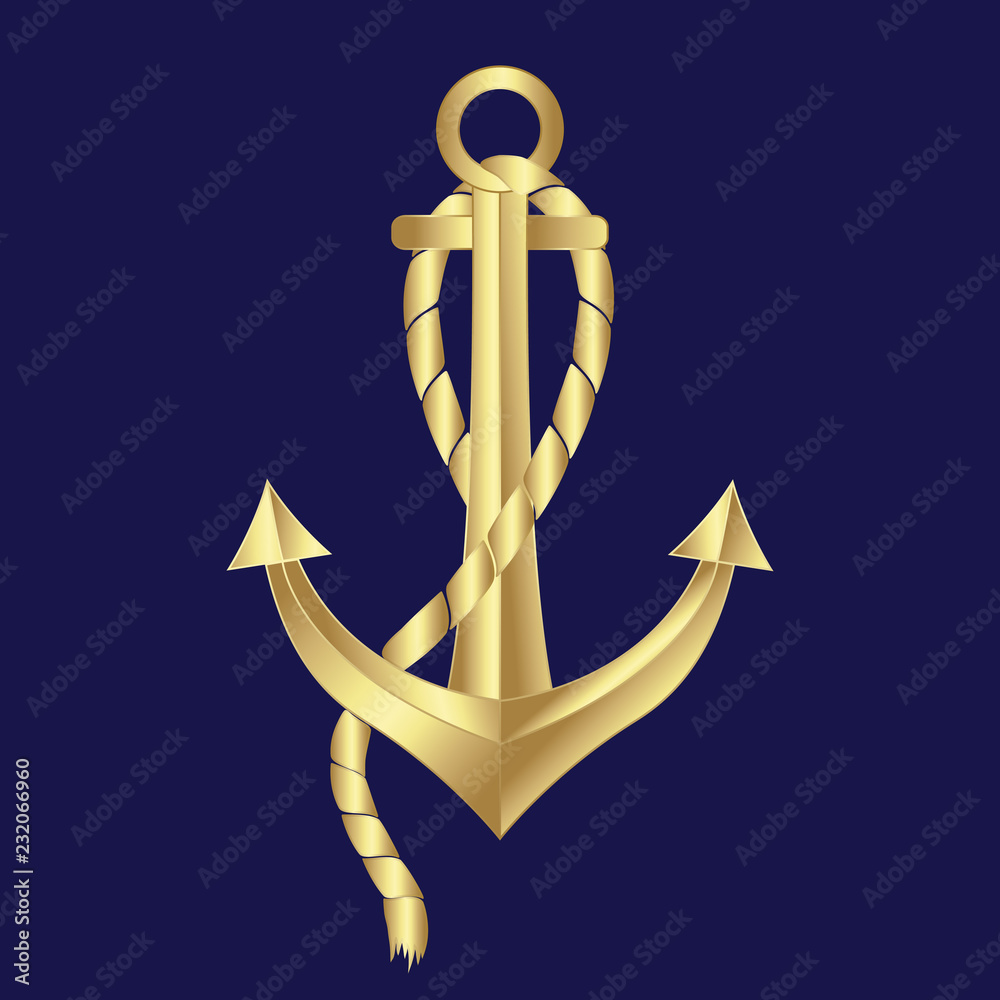 Gold anchor vector illustration isolated on a blue background. Stock ...