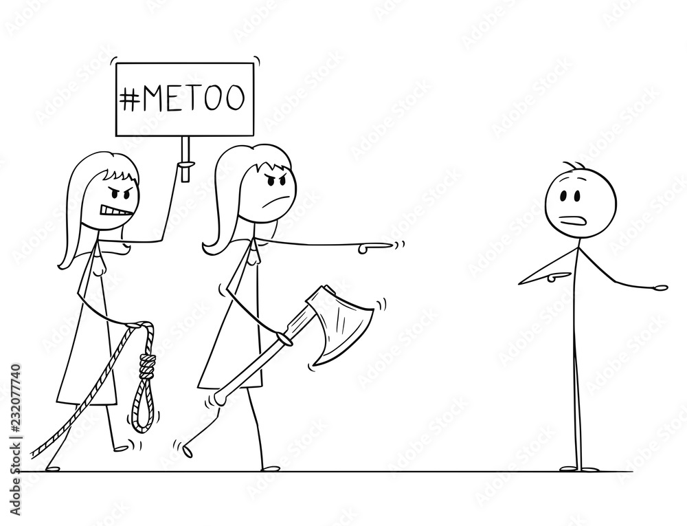 Cartoon stick drawing conceptual illustration of two woman with me too ...