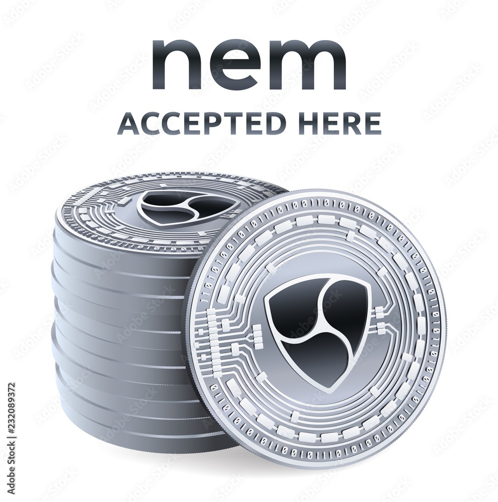 Vetor de Nem. Accepted sign emblem. Crypto currency. Stack of silver ...