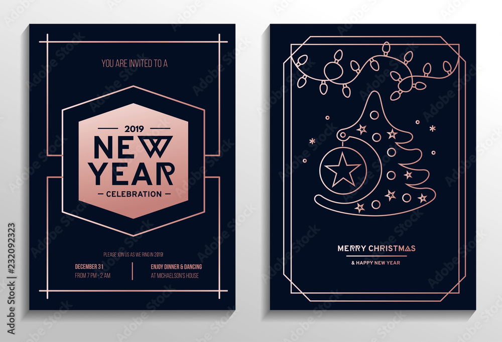 New Year party invitation cards set with rose gold geometric design and ...