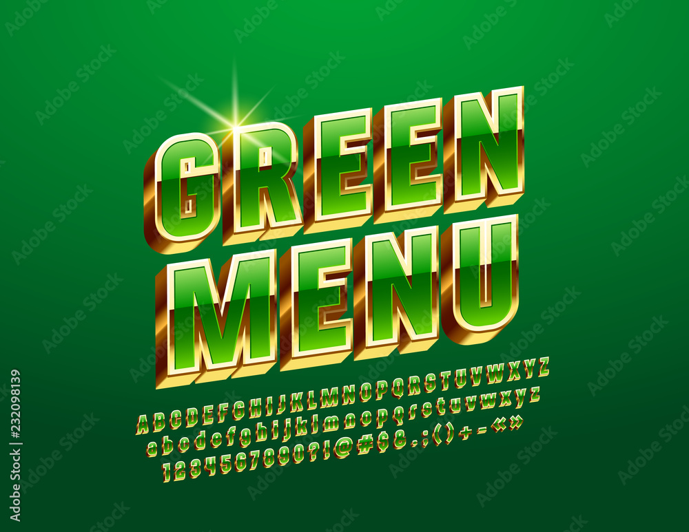 Vector luxury Logo Green Menu with bright 3D Font. Chic Alphabet ...