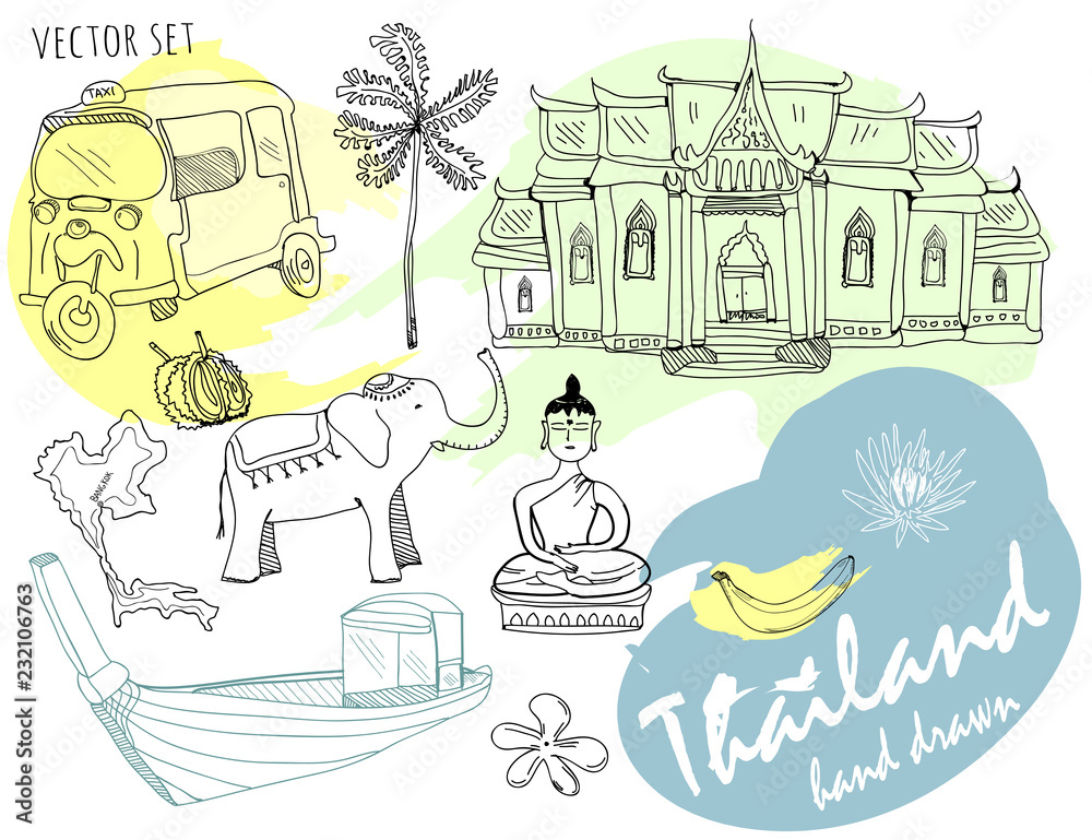 Hand drawn Thailand elements. Colored graphic vector set Stock Vector ...