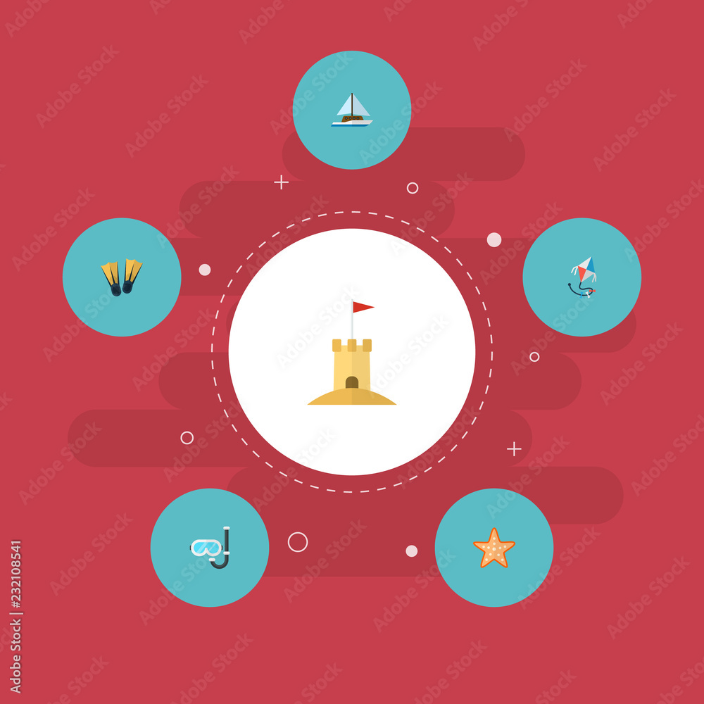 Set of beach icons flat style symbols with kite, sand, yacht icons for ...