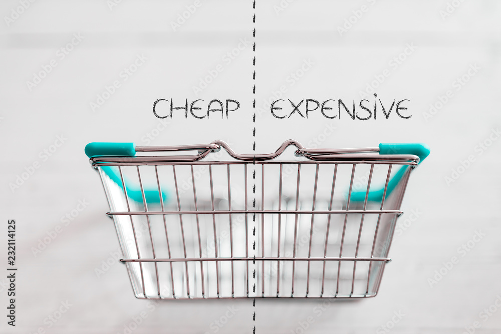 empty shopping basket with dashed line splitting it into cheap and ...