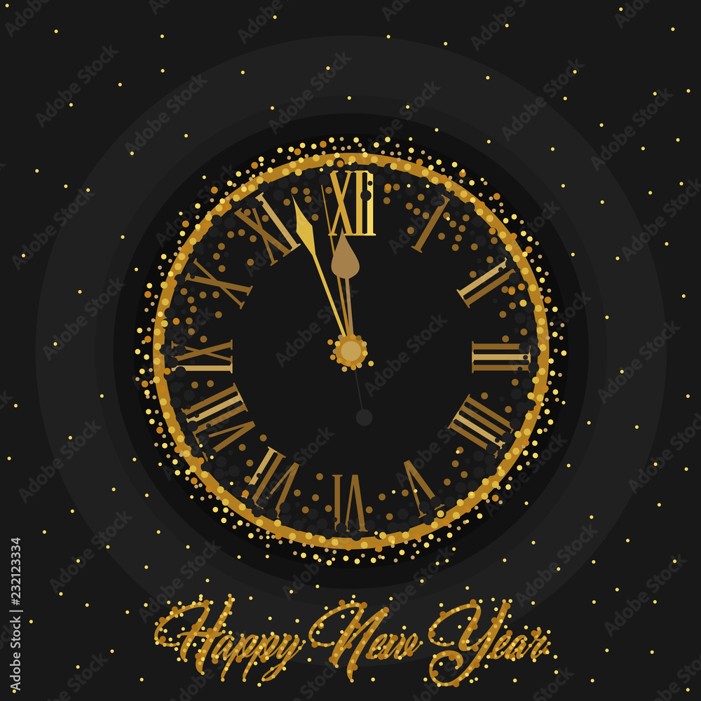 Gold Clock indicating countdown to 12 O' Clock 2019 New Year's Eve on a ...