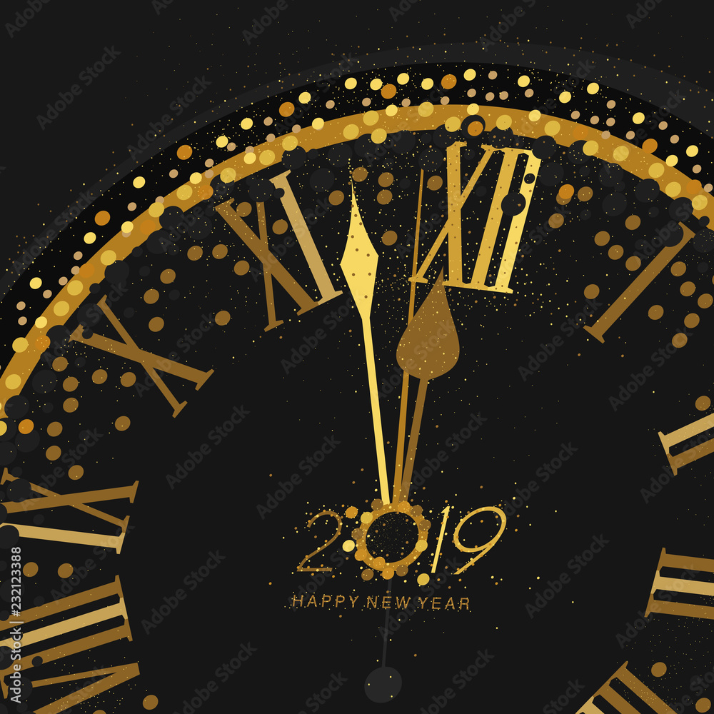 Gold Clock indicating countdown to 12 O' Clock 2019 New Year's Eve on a ...