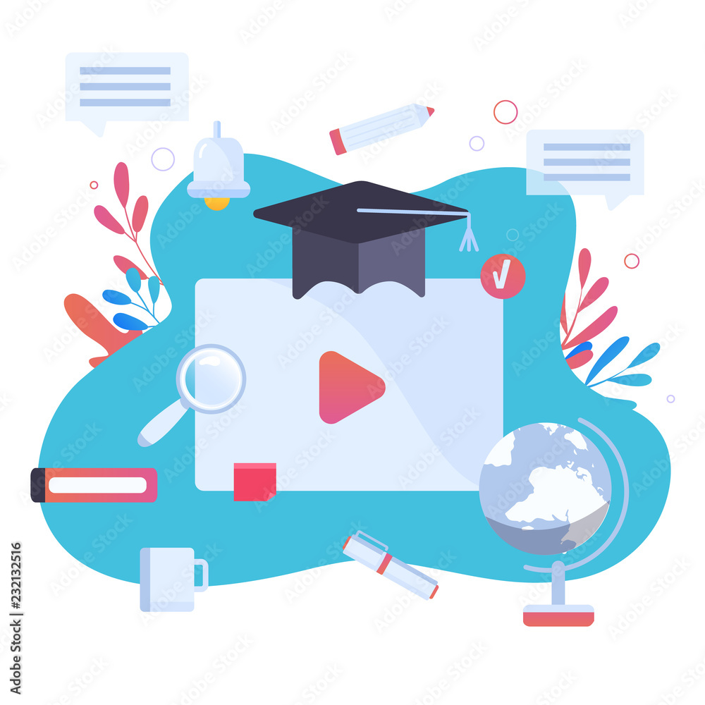 Online education modern concept with study objects, hat, pen, book ...