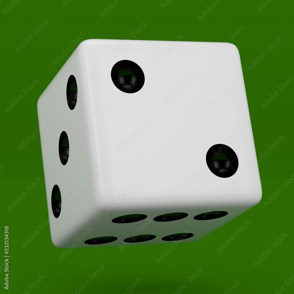 White dice with black dots hanging in half turn showing number 2 ...