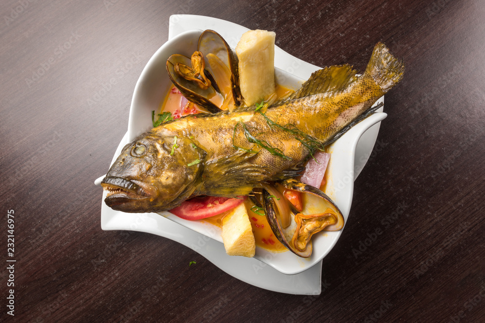 Peruvian Food: Rockfish soup, called "sudado de trambollo" Stock Photo ...