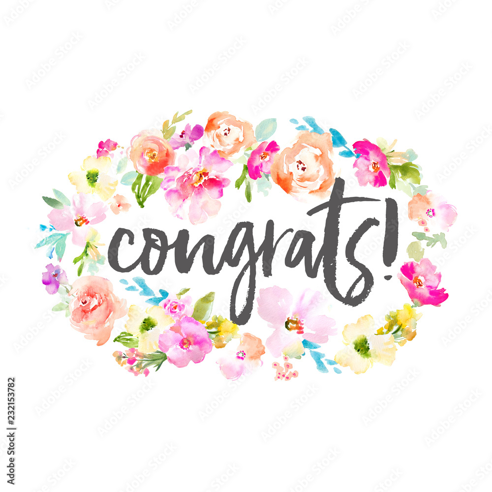 Watercolor Floral Background Congratulations Modern Hand Lettering ...