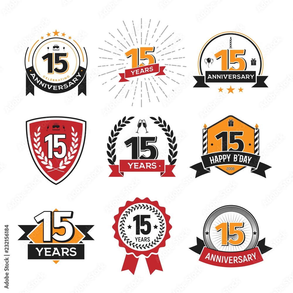 Collection of retro fifteen anniversary logo. Set of Isolated vintage ...
