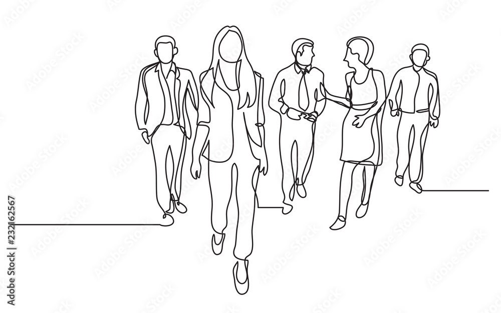 continuous line drawing of business team walking together discussing ...