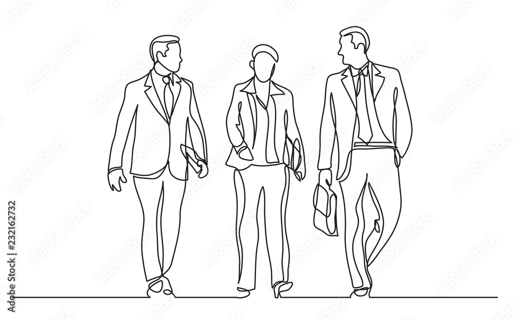 continuous line drawing of business team walking together discussing ...