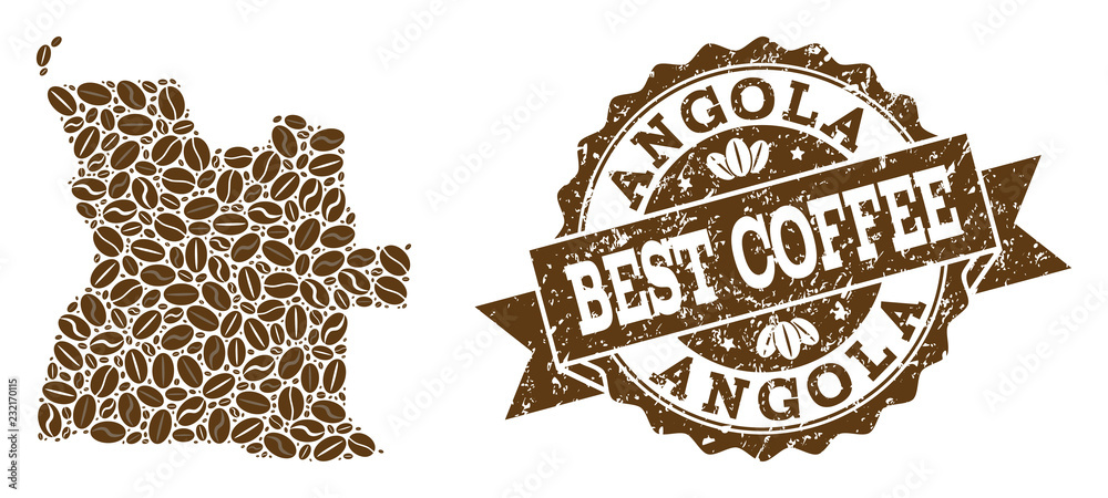 Compositions of coffee map of Angola and grunge stamp seal. Mosaic ...
