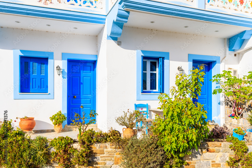 Typical white and blue color Greek house in Olympos mountain village on ...