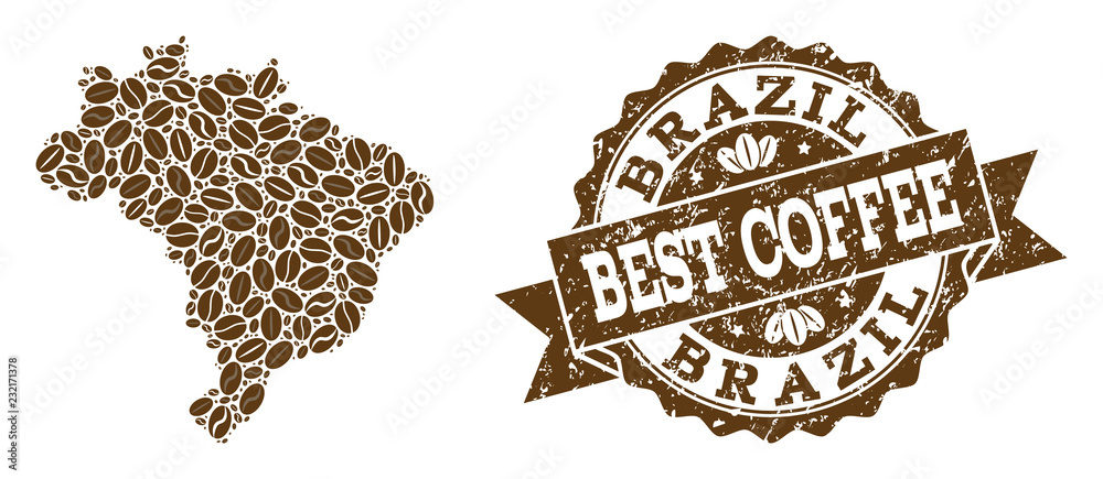 Compositions of coffee map of Brazil and grunge stamp seal. Mosaic ...