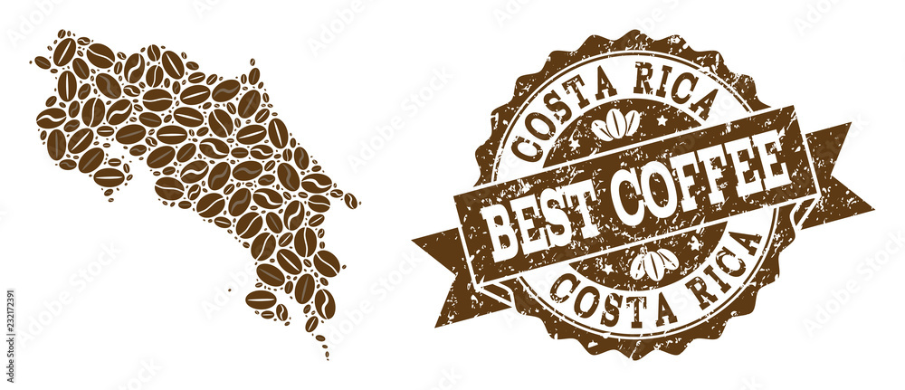 Compositions of coffee map of Costa Rica and grunge stamp seal. Mosaic ...