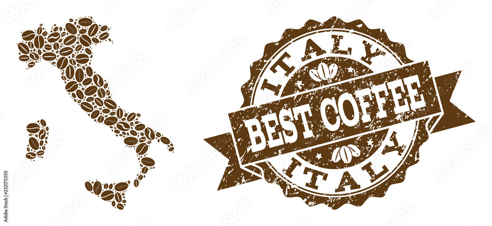 Compositions of coffee map of Italy and grunge stamp seal. Mosaic ...