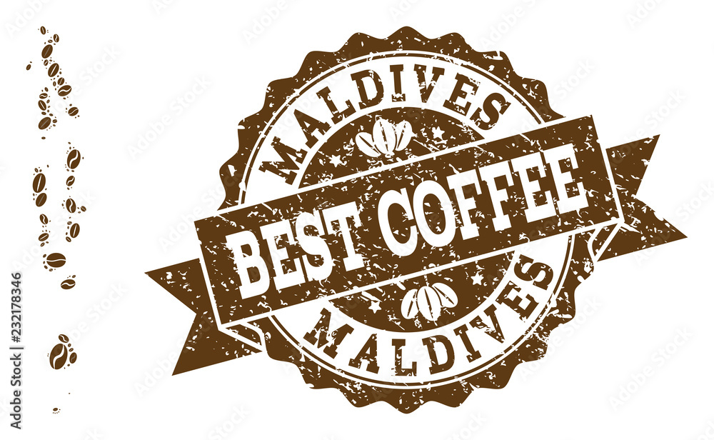 Compositions of coffee map of Maldives and grunge stamp seal. Mosaic ...