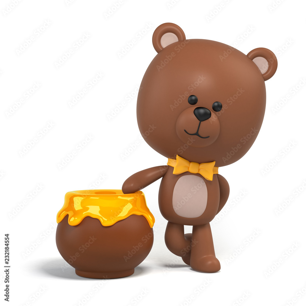 3d render, cute little chocolate teddy bear, honey pot, cartoon ...