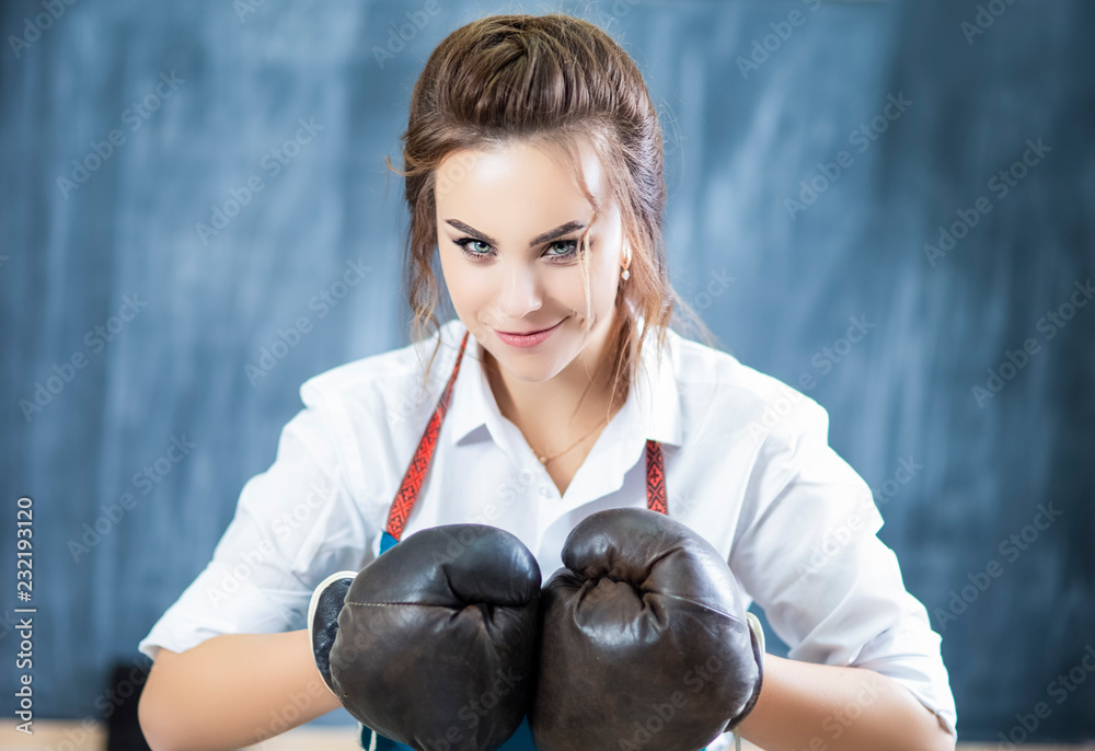 Portrait of Female Boxer Posing in Brown Leather Boxer Gloves Against ...