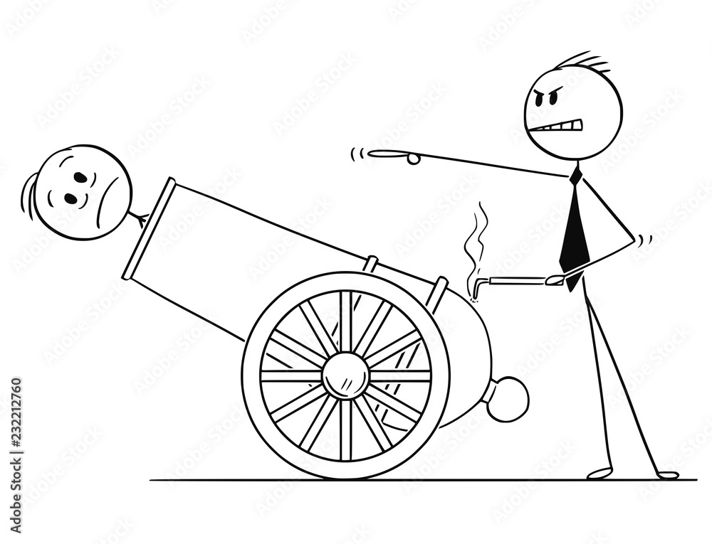 Cartoon stick drawing conceptual illustration of man or businessman get ...