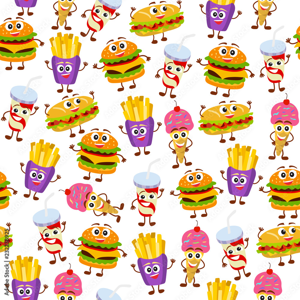 Funny, cute fast food with smiling human face pattern for kids ...