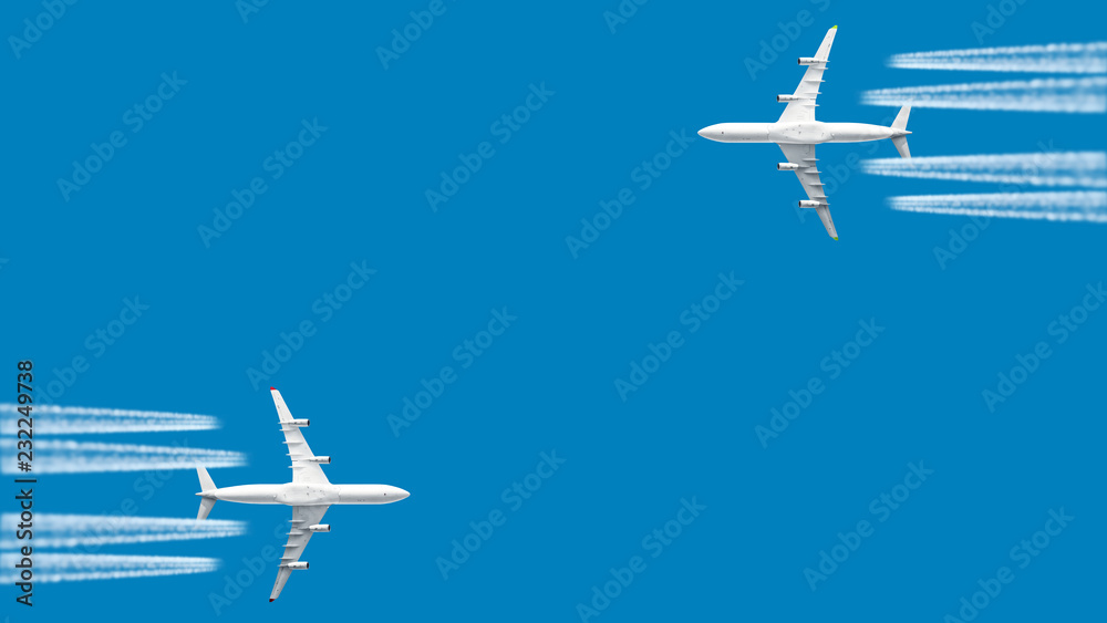 modern jet engine airplane with contrail in white color flying on blue ...
