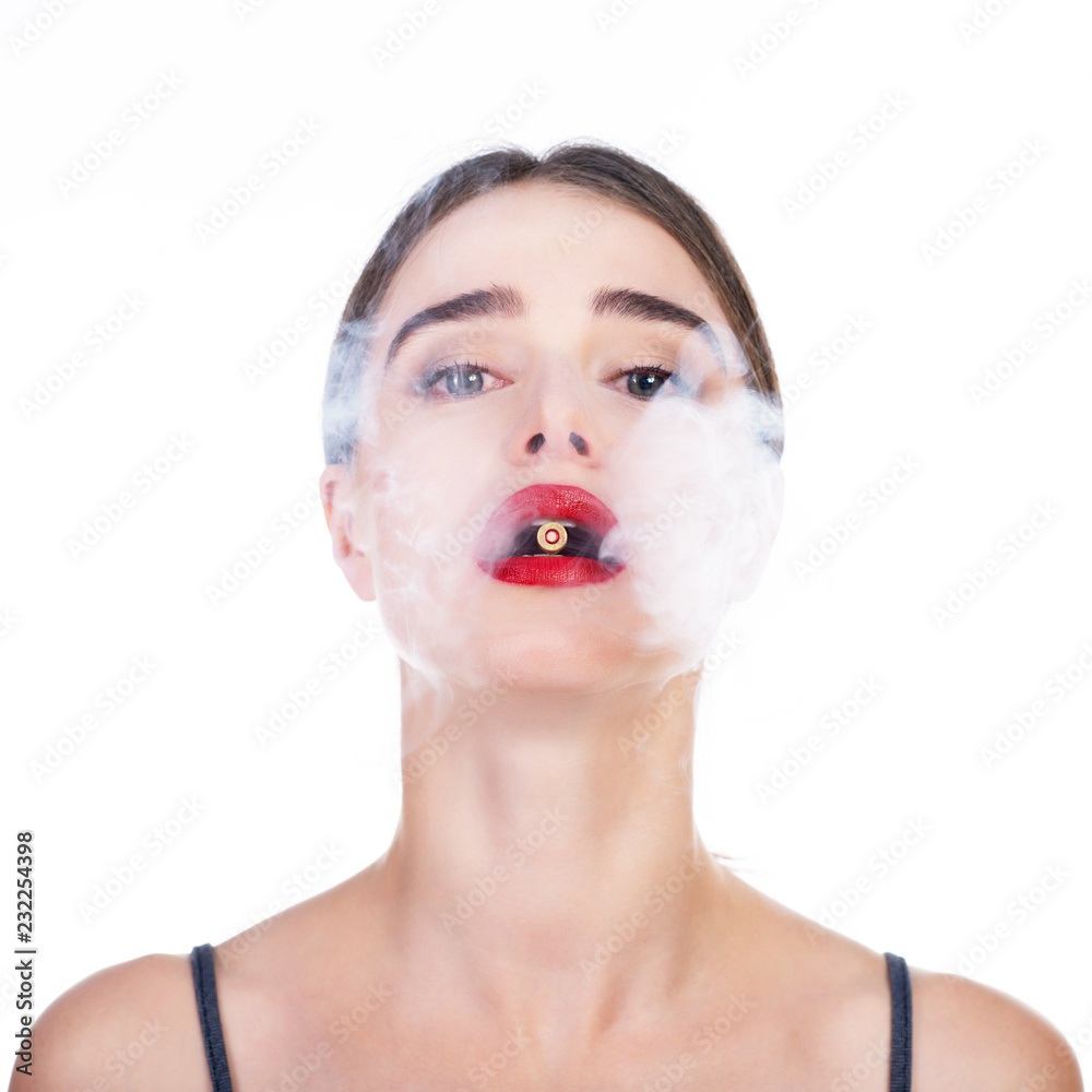 Beautiful young woman with shell in her mouth and smoke. Blue-eyed girl ...