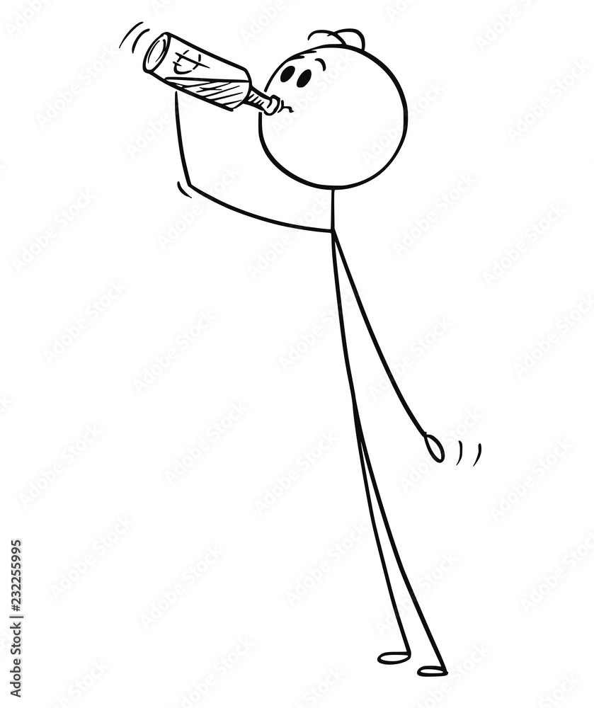 Cartoon stick drawing conceptual illustration of man drinking from ...