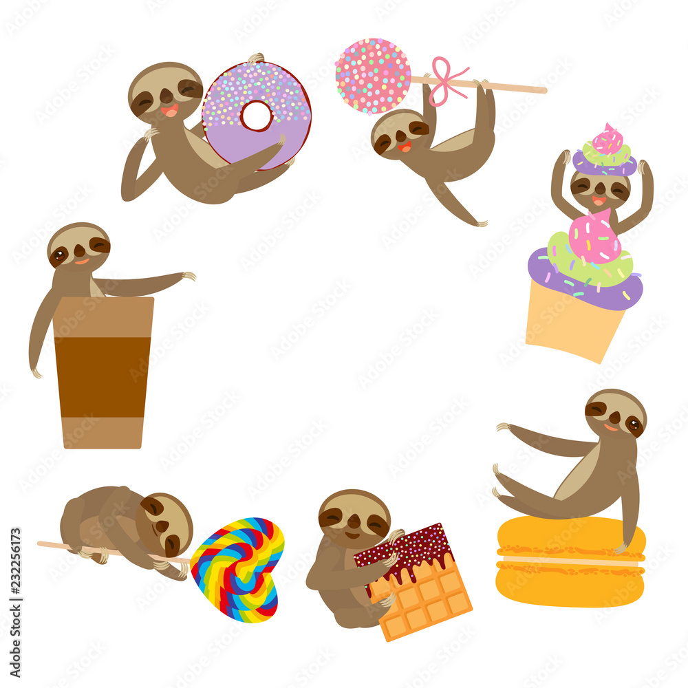 Card banner funny and cute smiling Three-toed sloth collection with ...