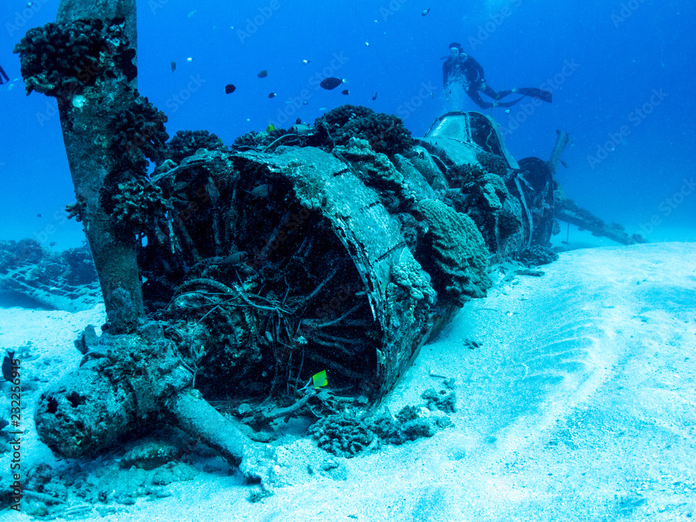 Underwater Airplane Wreck WW2 - Scuba Diving Oahu, Hawaii Stock Photo ...