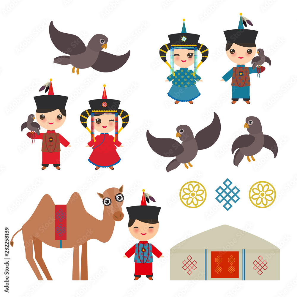 Mongolian boy and girl national costume. Cartoon children in ...