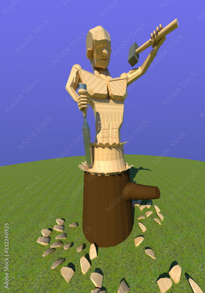 Self-made man 3D illustration 1. Wooden sculpture of a man making ...