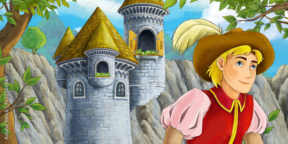 cartoon scene of castle tower with opened window prince in front ...
