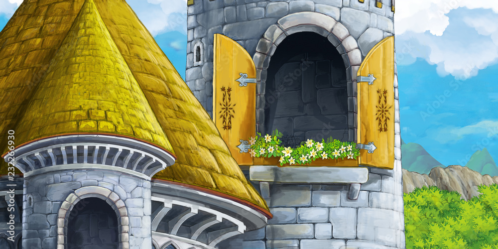 cartoon scene of castle tower with opened window nobody - illustration ...