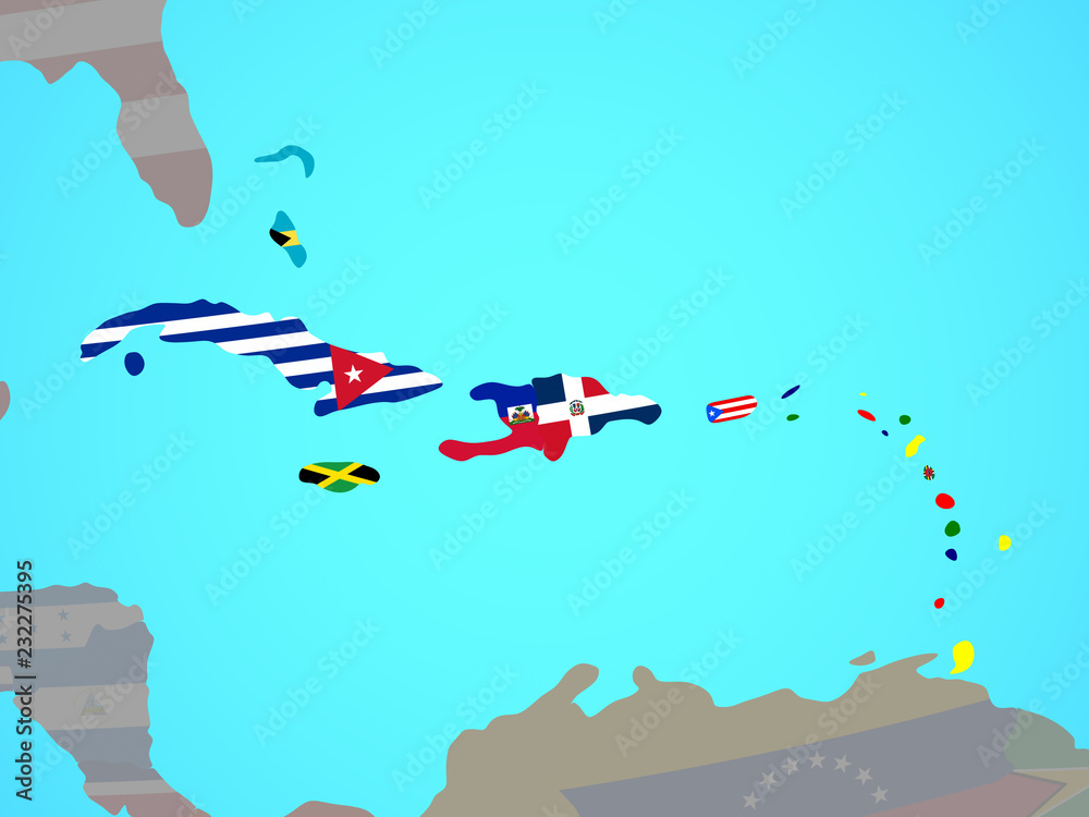 Caribbean with national flags on blue political globe. Stock ...