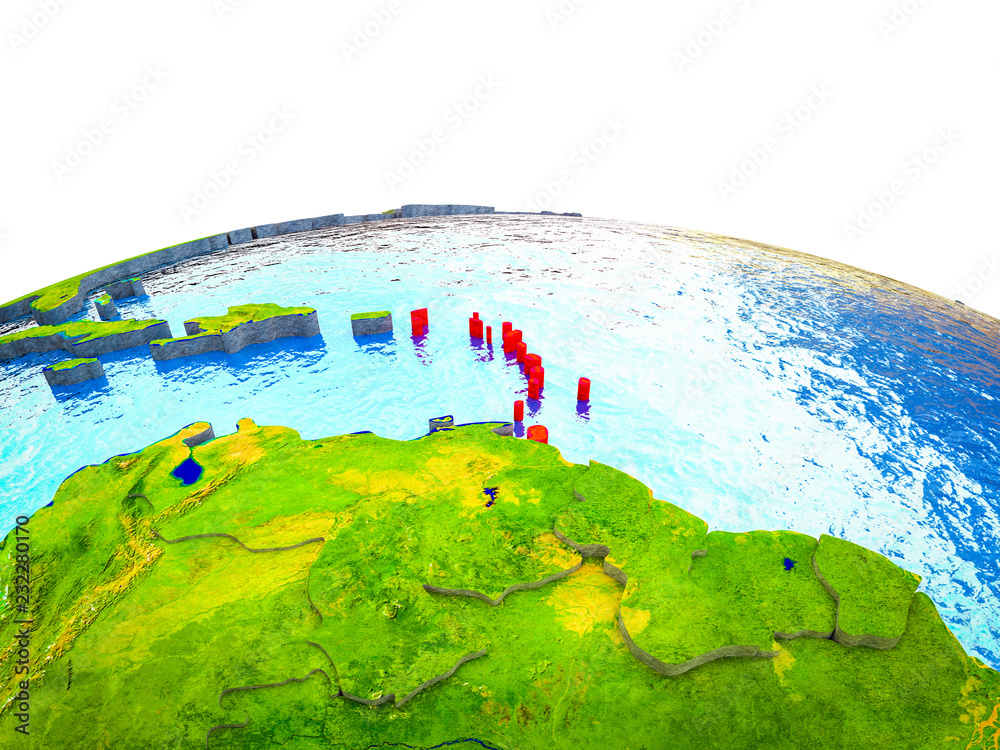 Caribbean on 3D Earth with visible countries and blue oceans with waves ...