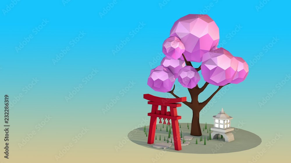 3d rendering low poly japanese theme banner tree pink symbols Stock ...