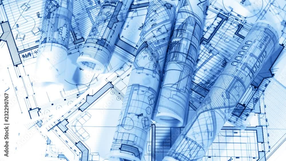 Blueprints - rolls of architectural drawings smoothly rotate on the ...