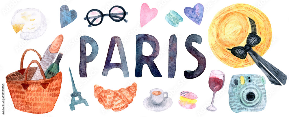 Watercolor Paris set. Hand drawn elements of french culture isolated on ...