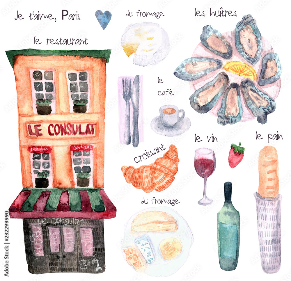 Watercolor Paris set. Hand drawn elements of french culture isolated on ...