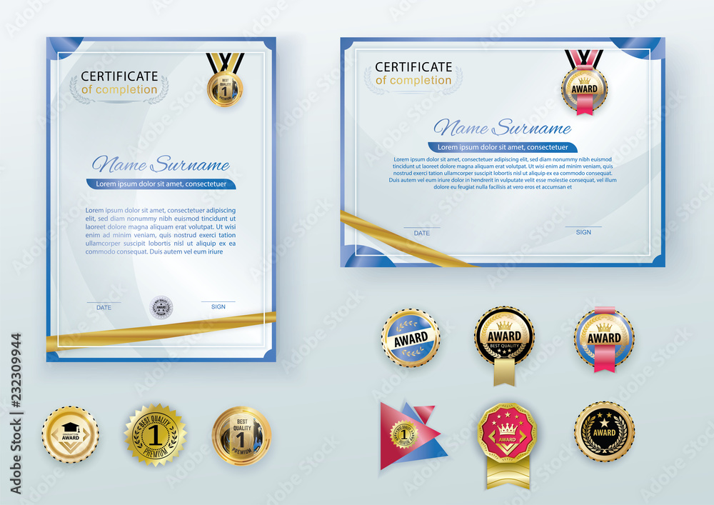 White modern certificates with abstract gold ribbon and set of emblems ...