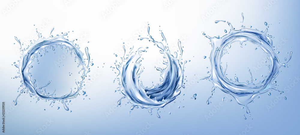 Circle water splashes with drops and bubbles realistic vector set ...