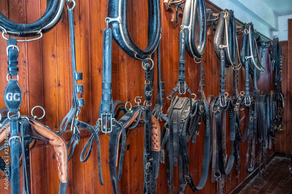 Equestrian gear on display in the stable of medieval castle in France ...