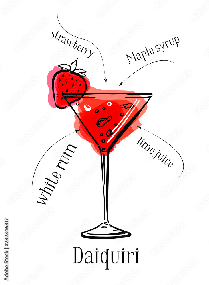 Daiquiri cocktail recipe description with ingredients. Vector colorful ...