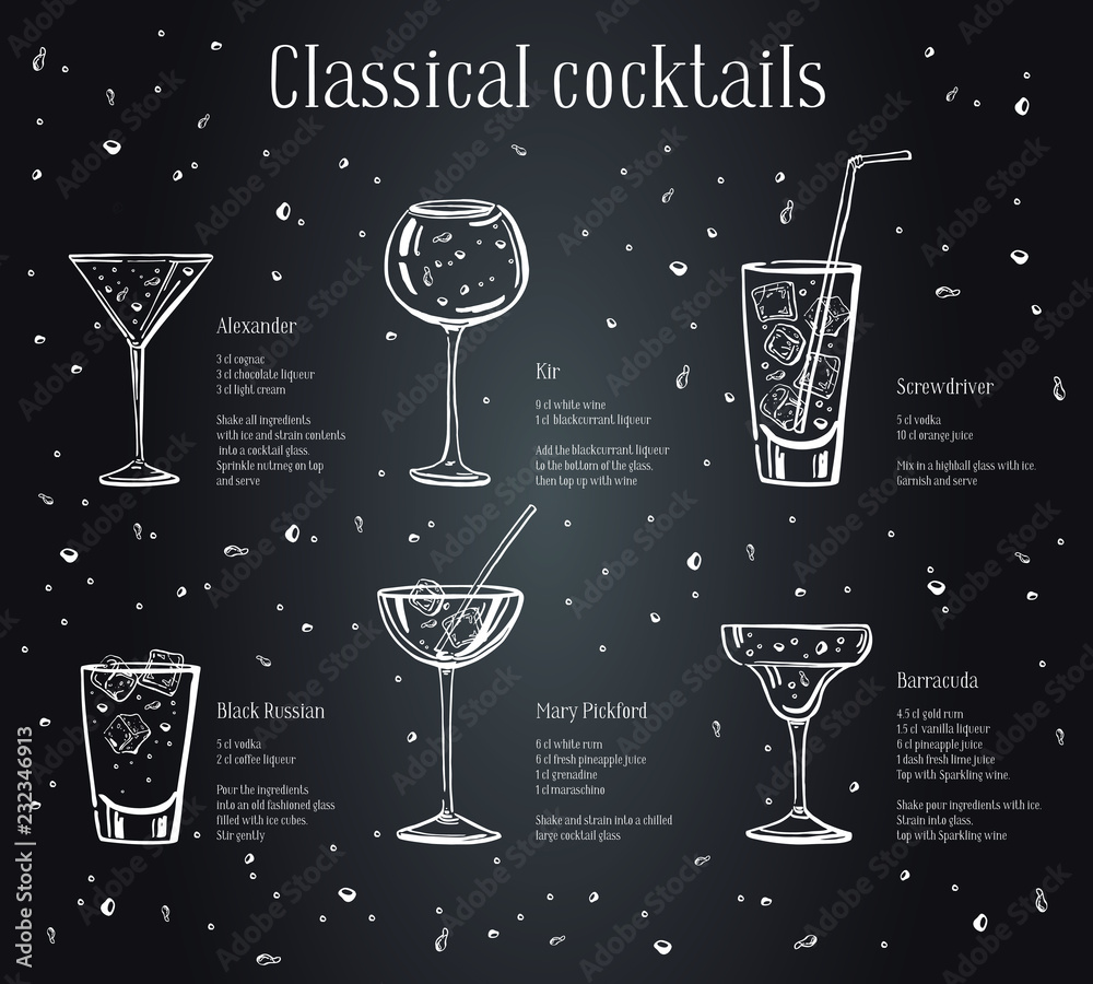 Classic cocktails recipe text description with ingredients. Vector ...